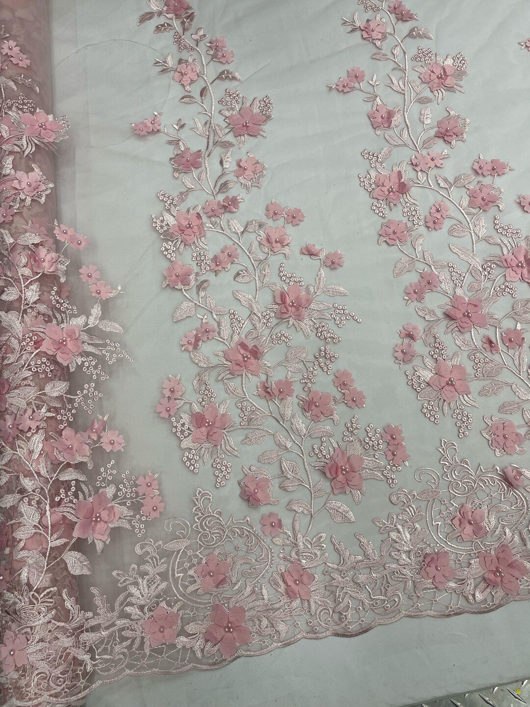 Light Pink Princess 3D Floral Design Embroider and Beaded With Pearls ...