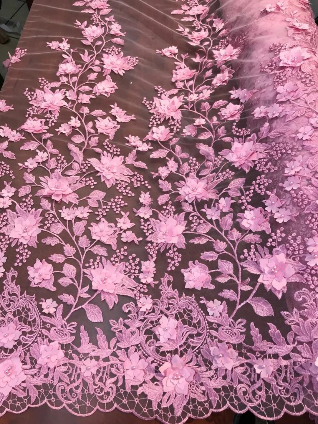 Pink Princess 3D Floral Design Embroider and Beaded With Pearls on a ...