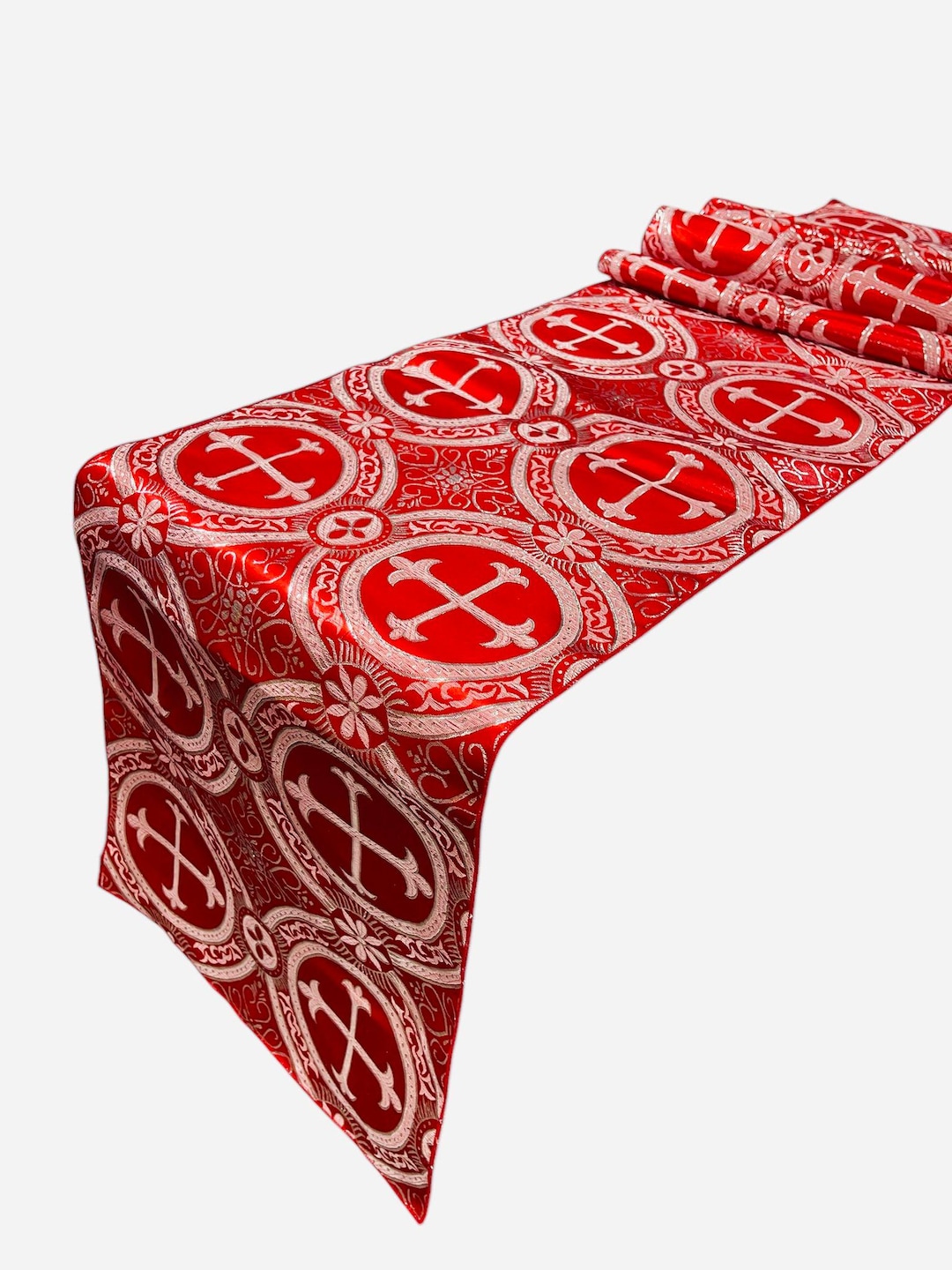 Red Silver Religious Brocade Runner Tablecloth | Liturgical Fabric ...
