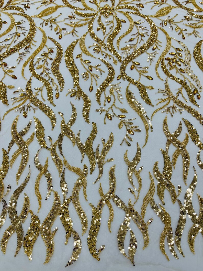 Gold Vine Design Embroider and Heavy Beading/sequins on A Mesh Lace ...