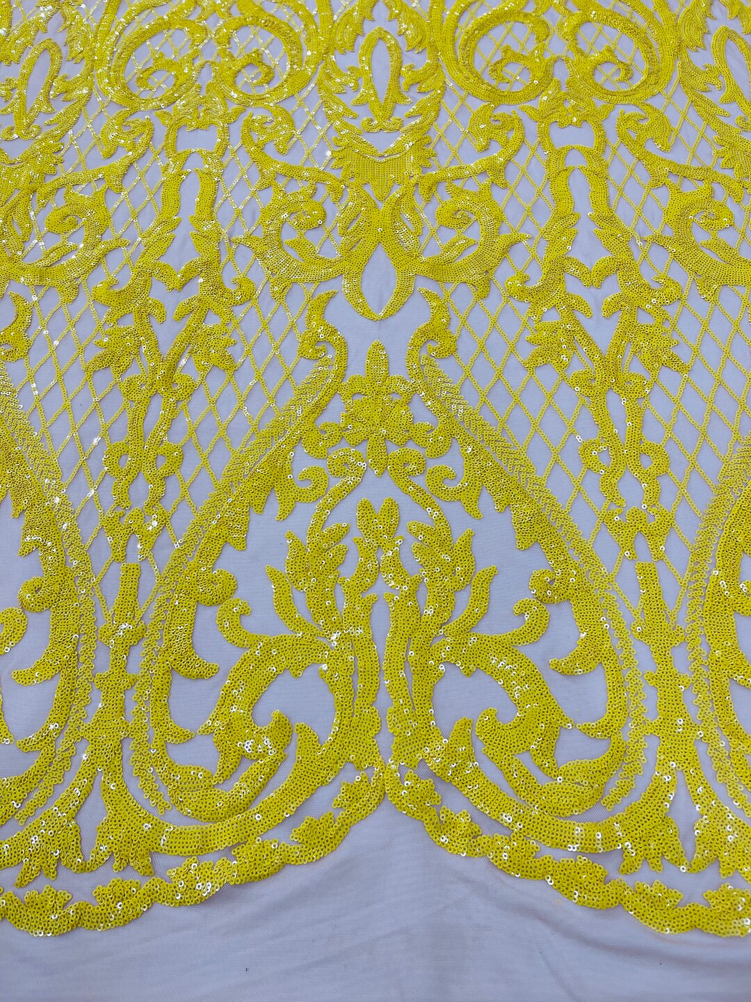 Yellow Shiny Heart Damask Sequin Design on a 4 Way Stretch Mesh Fabric ...