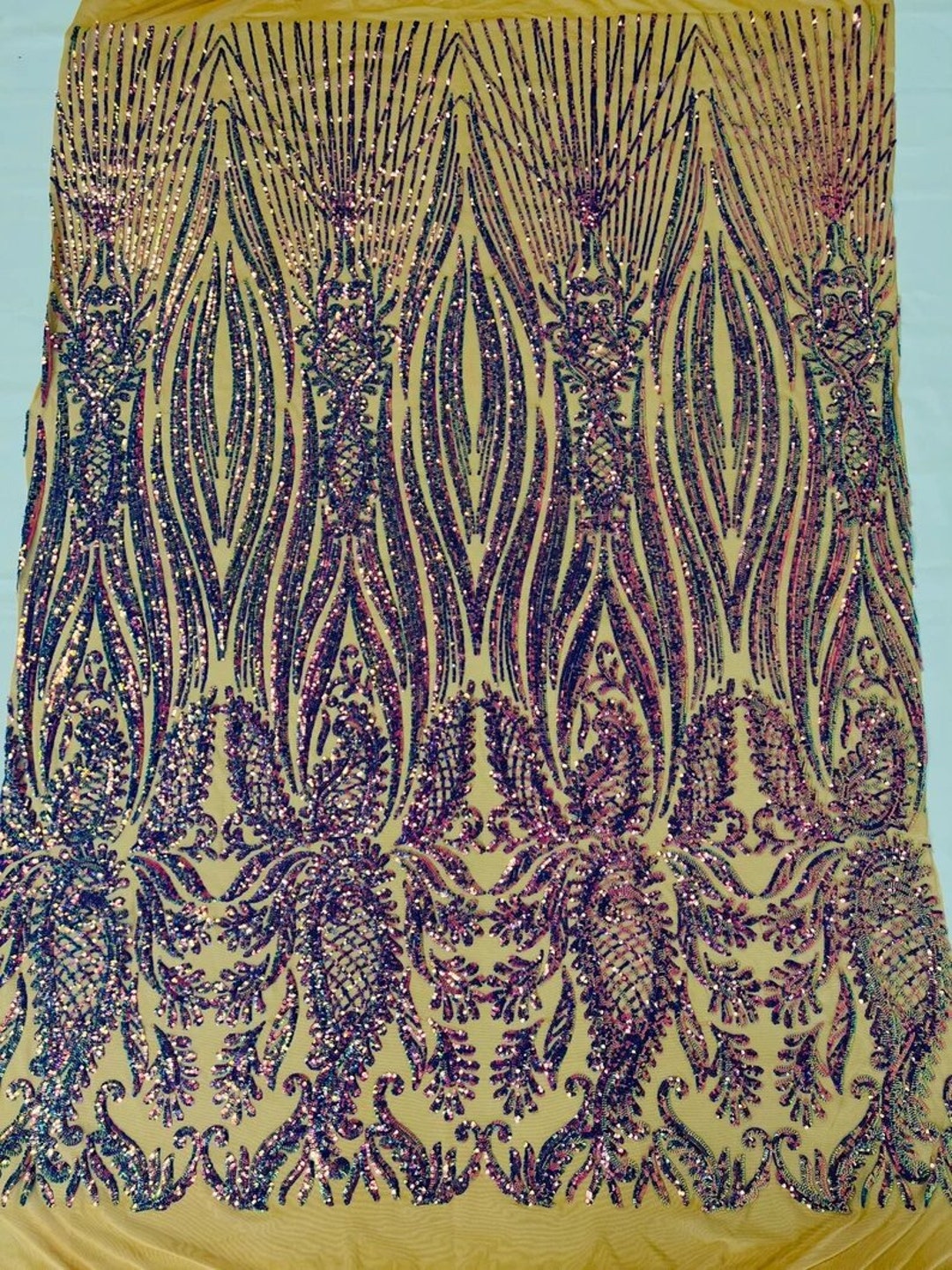 Paisley Sequin Design on a 4 Way Stretch Mesh-prom-sold by the Yard ...