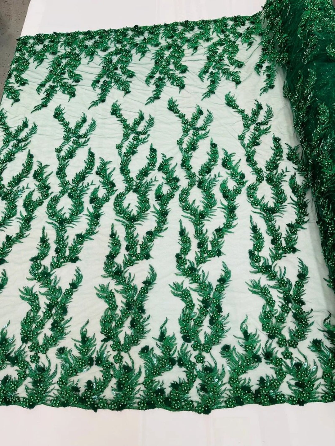 3D Floral Vine Design Embroider and Heavy Beading on a Mesh Lace-sold ...