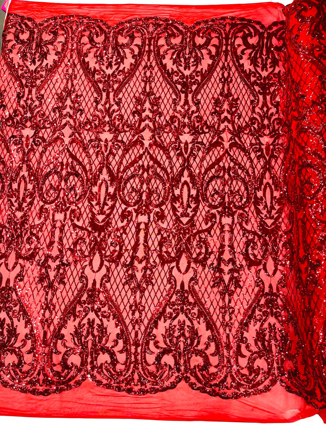 Red Shiny Hart Demask Sequin Design on a 4 Way Stretch Mesh Fabric-prom ...