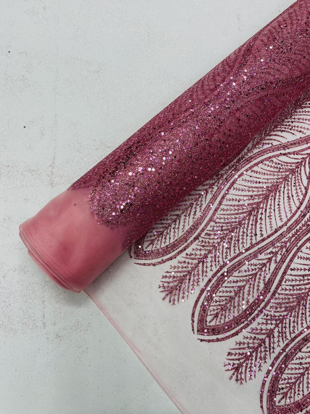 Dusty Rose Glitter Feather Damask Design on A Mesh Lace Fabric/prom. - Etsy