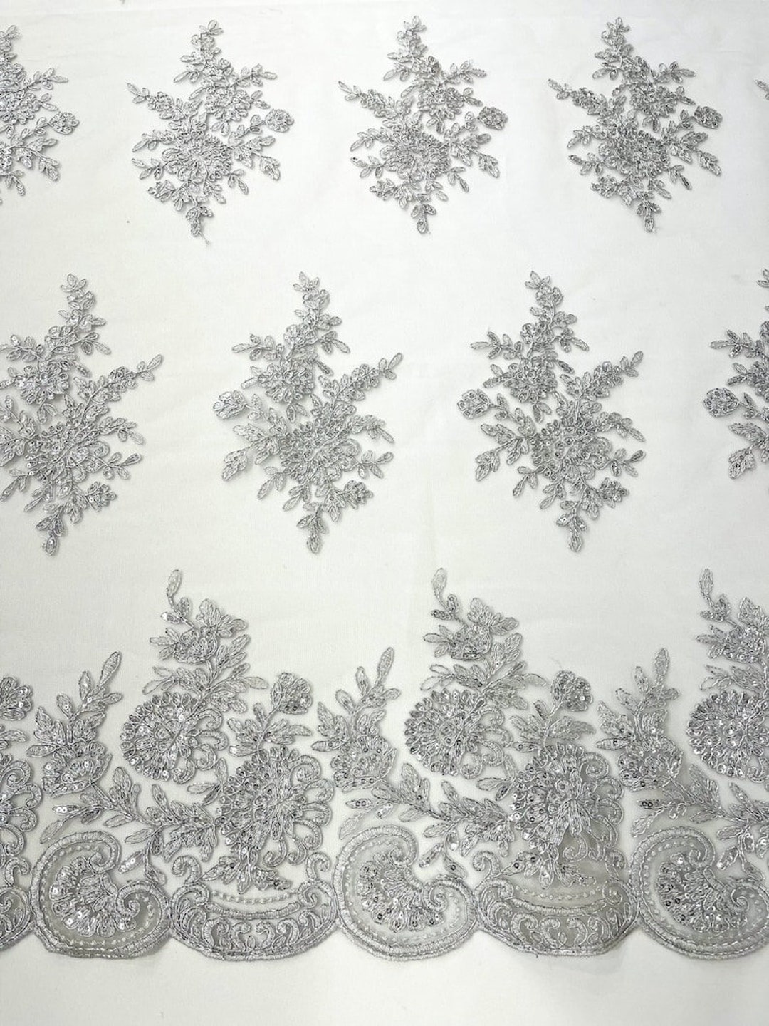 Metallic Silver Floral Corded Embroider With Sequins on a Mesh Lace ...