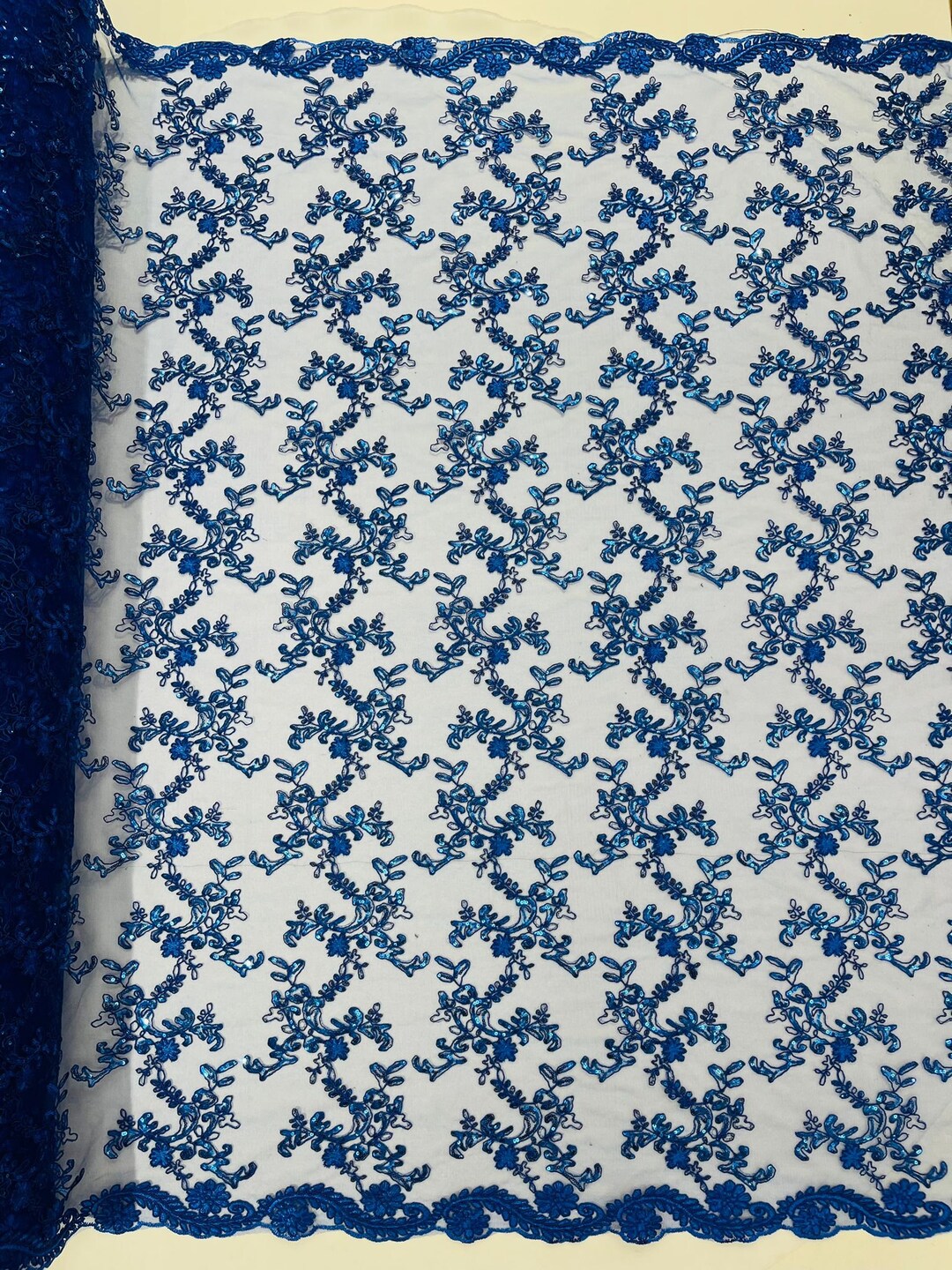 Royal Blue Flower Lace Corded and Embroider With Sequins on a Mesh ...