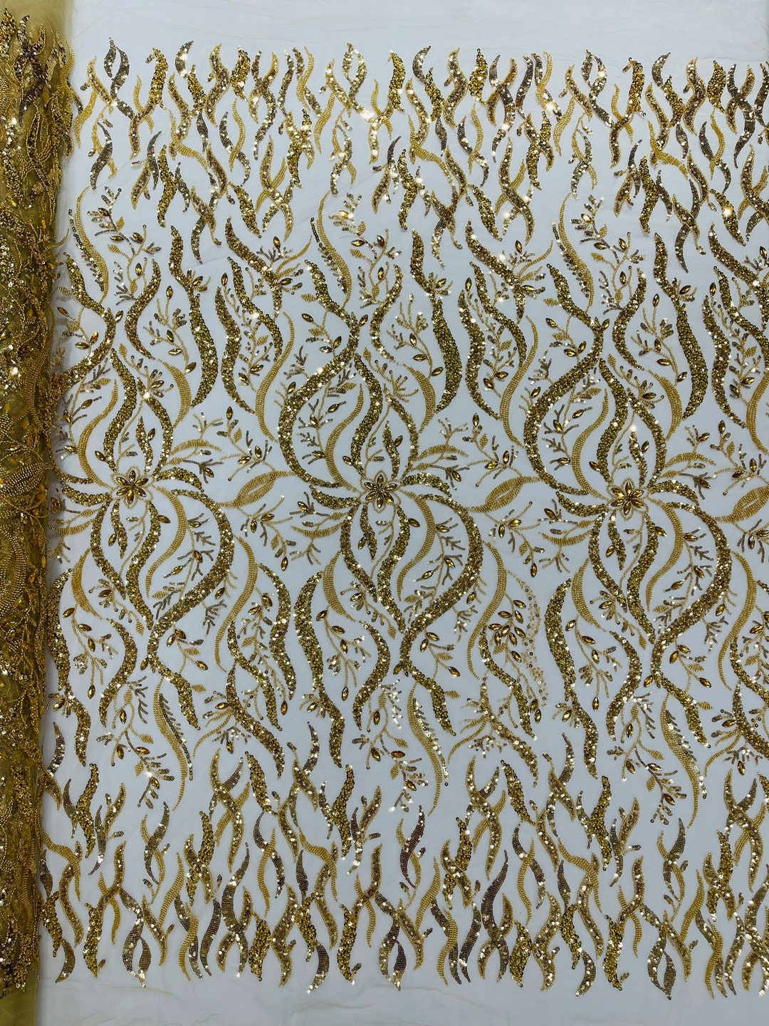 Gold Vine Design Embroider and Heavy Beading/sequins on A Mesh Lace ...