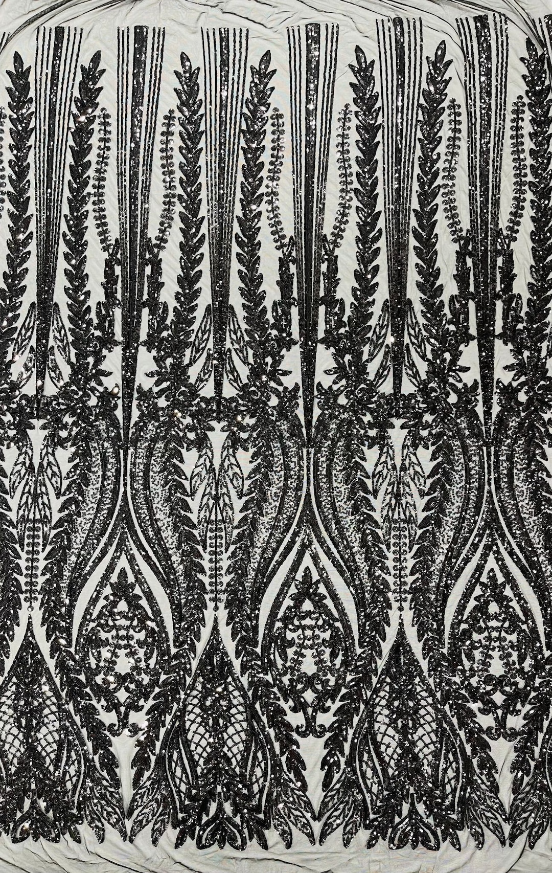 Black Damask Design With Sequins Embroider on a 4 Way Stretch Mesh ...
