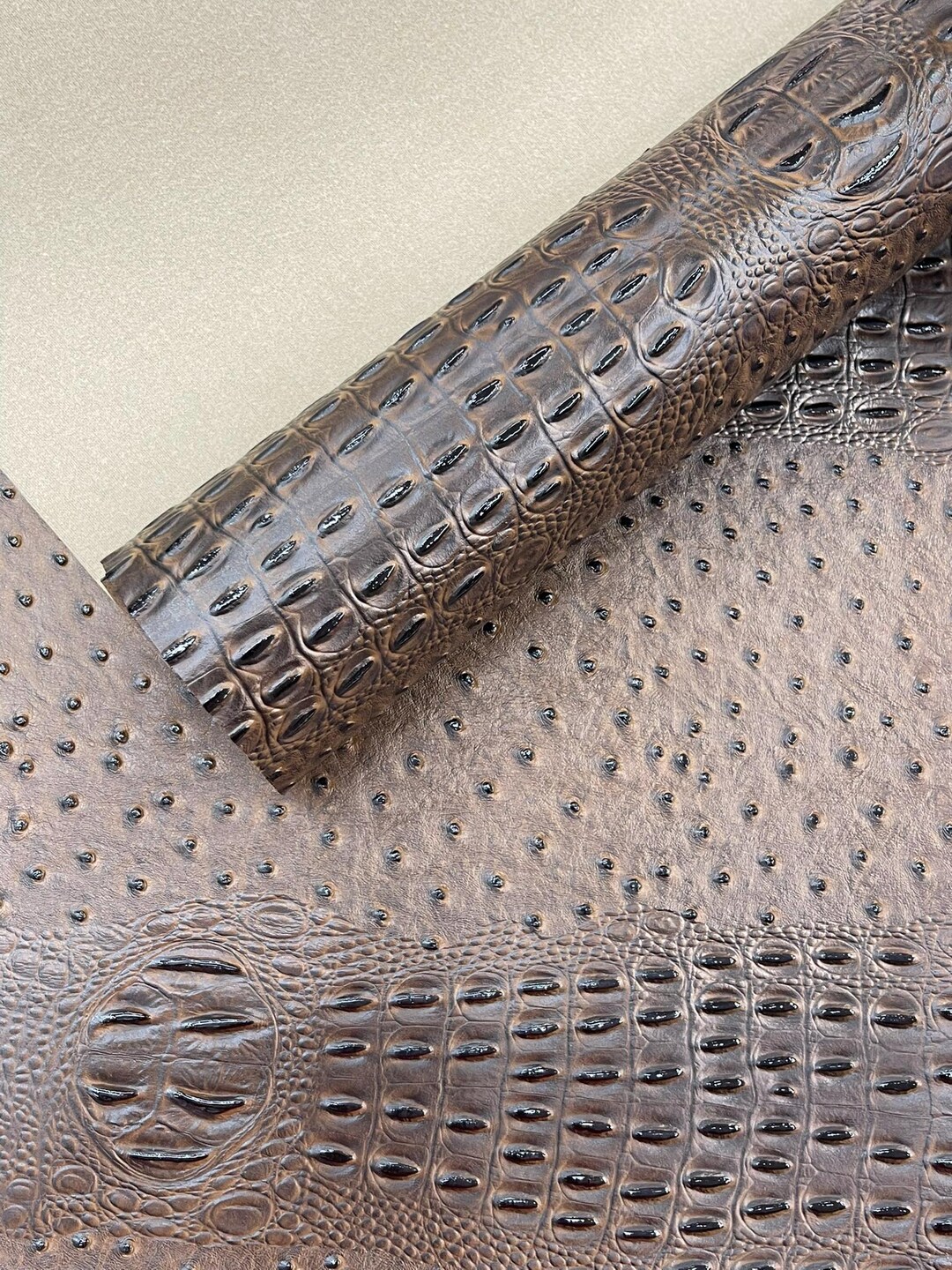Grizzly Brown Gator Ostrich Embossed Vinyl Fabric by the Yard / 2 Tone ...