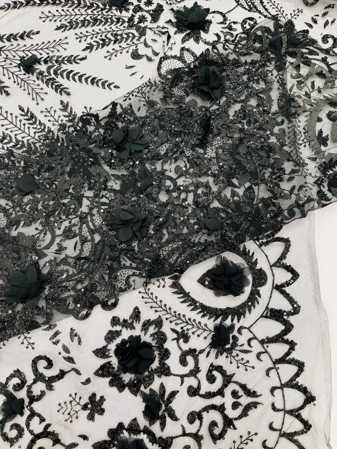 Black Floral 3D Palm Damask With Glitter in a Mesh Lace- Sold by the ...