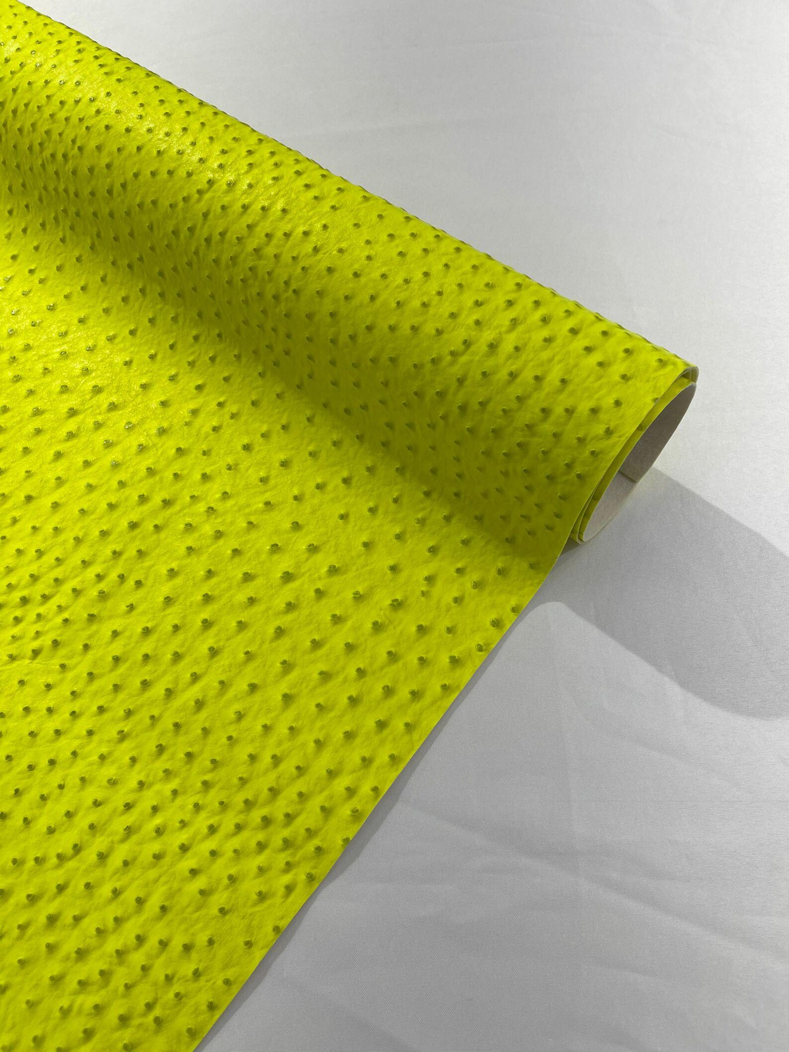 Neon Yellow 54” Wide Ostrich Fake Leather Upholstery, 3-D Ostrich Skin ...
