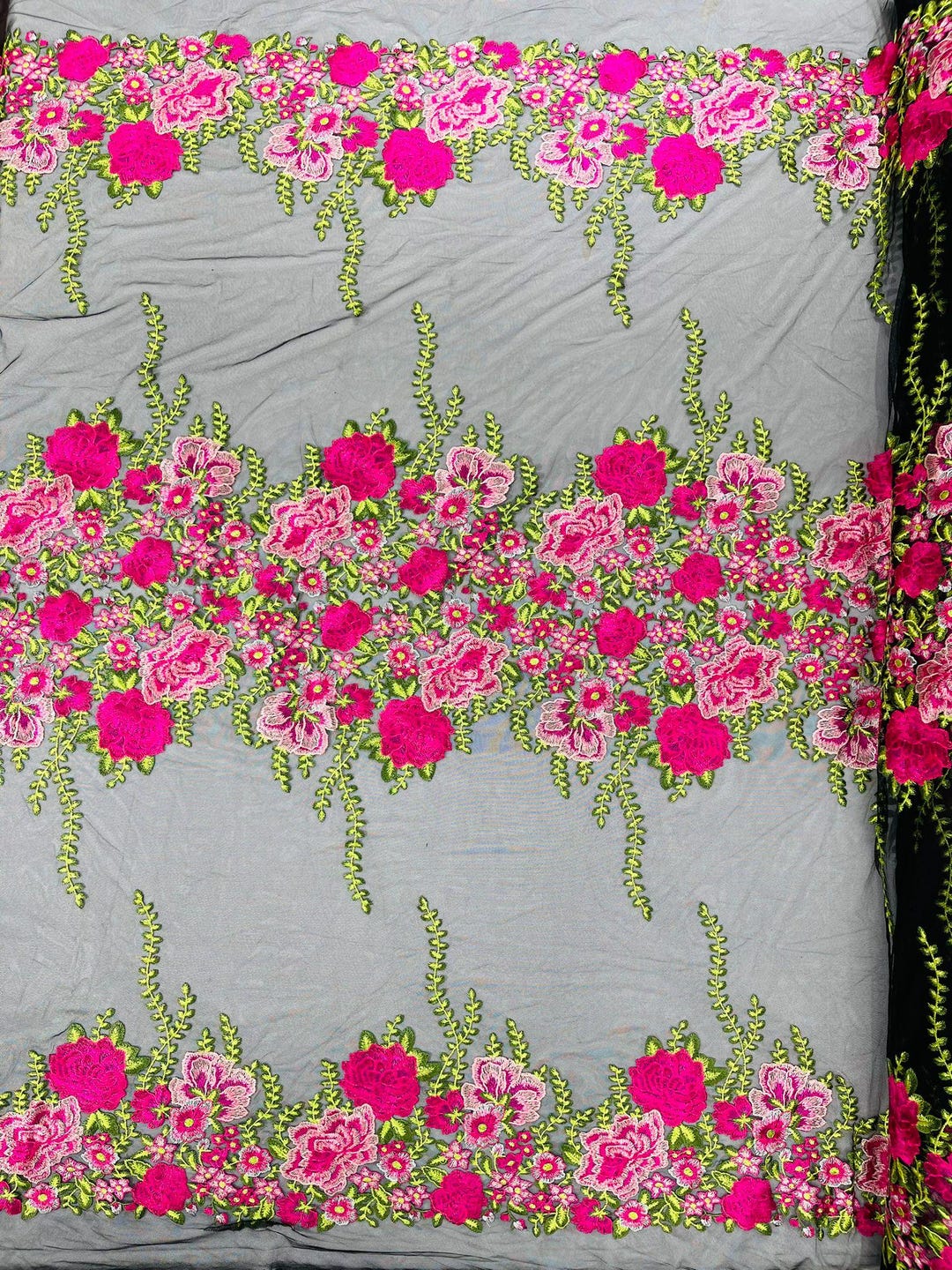 Fuchsia Roses Multi Color Floral Design Embroider on a Black Mesh Lace ...