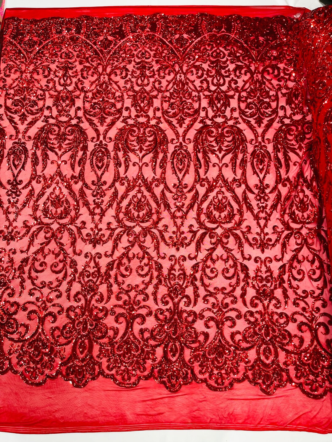 Red Shiny King Demask Sequin Design on a 4 Way Stretch Mesh Fabric-prom ...