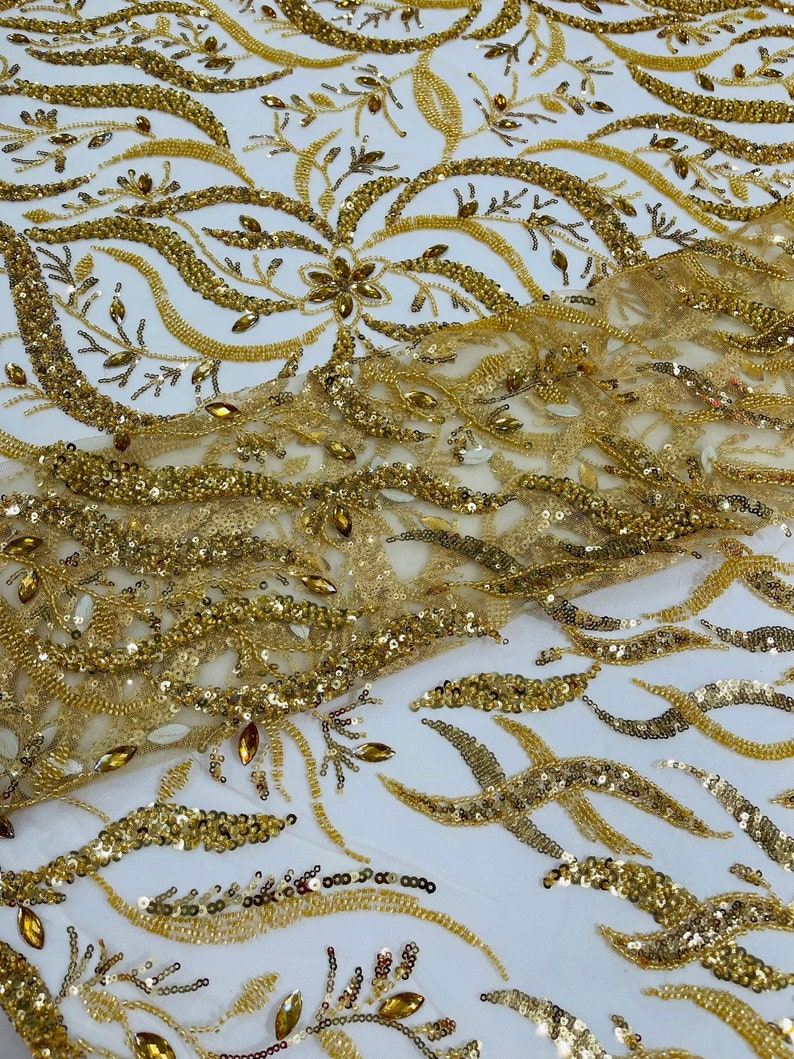 Gold Vine Design Embroider and Heavy Beading/sequins on A Mesh Lace ...