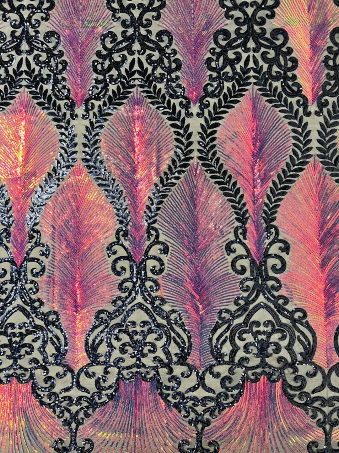 Two Tone Damask Design With Sequins Embroider on a 4 Way Stretch Mesh ...