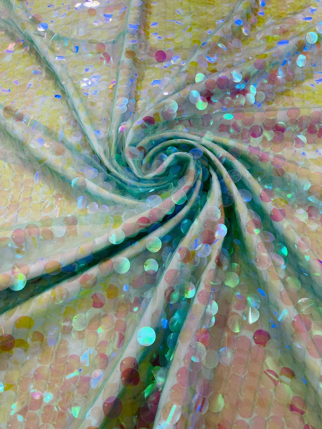 Clear-mint Green Iridescent Round Sequin Paillette on Mint Mesh Fabric ...