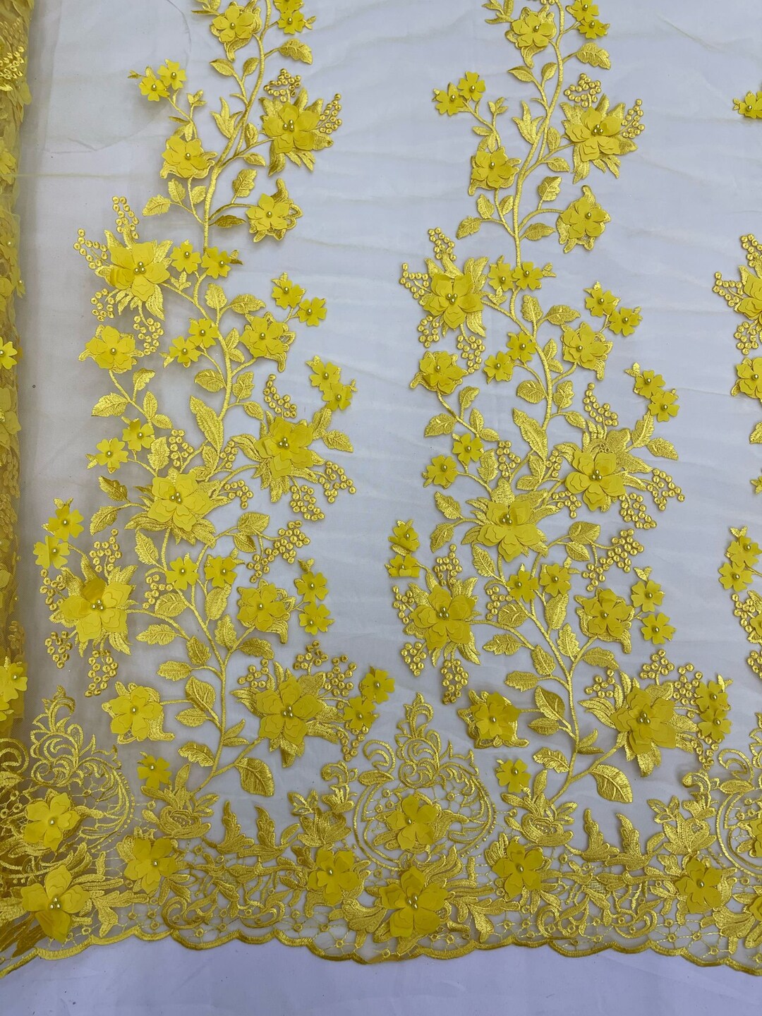 Yellow Princess 3D Floral Design Embroider and Beaded With Pearls on a ...