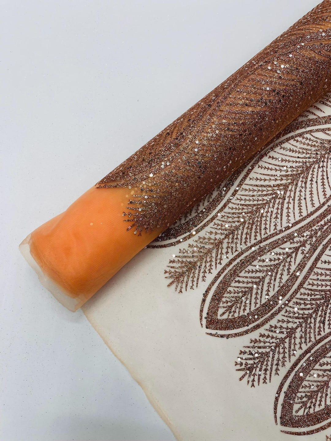 Rose Gold Glitter Feather Damask Design on A Mesh Lace Fabric/prom. - Etsy