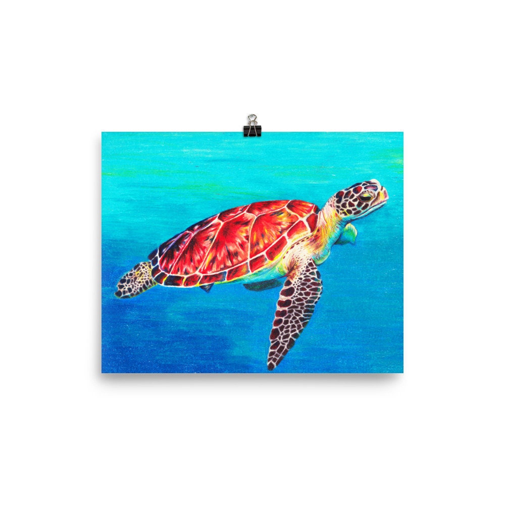 Sea Turtle | Colored Pencil | Red, Orange, Yellow | Drawing | Wall Art ...