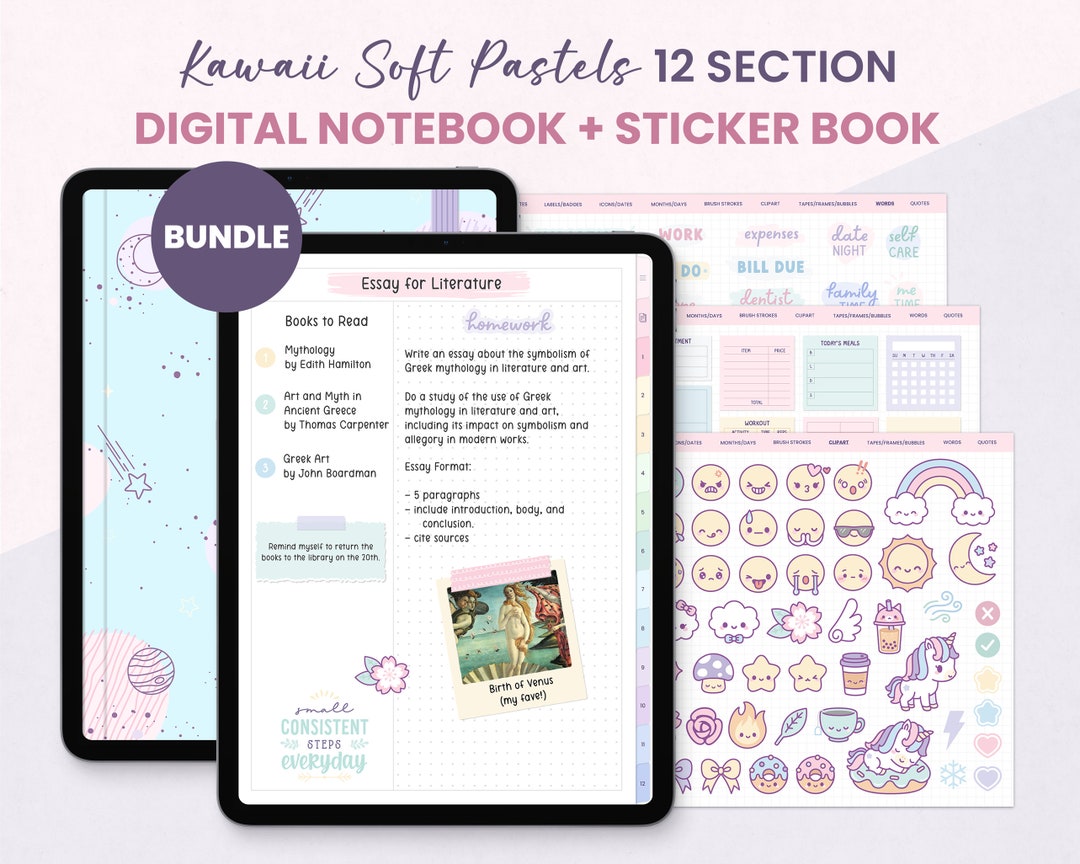 BUNDLE Kawaii Pastels 12 Section Digital Notebook and Sticker - Etsy UK