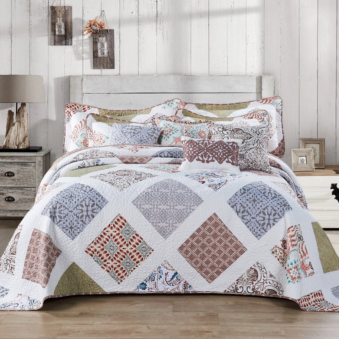 Bedspreads Queen Size Collections Etc Patchwork Style Quilted And 3 ...