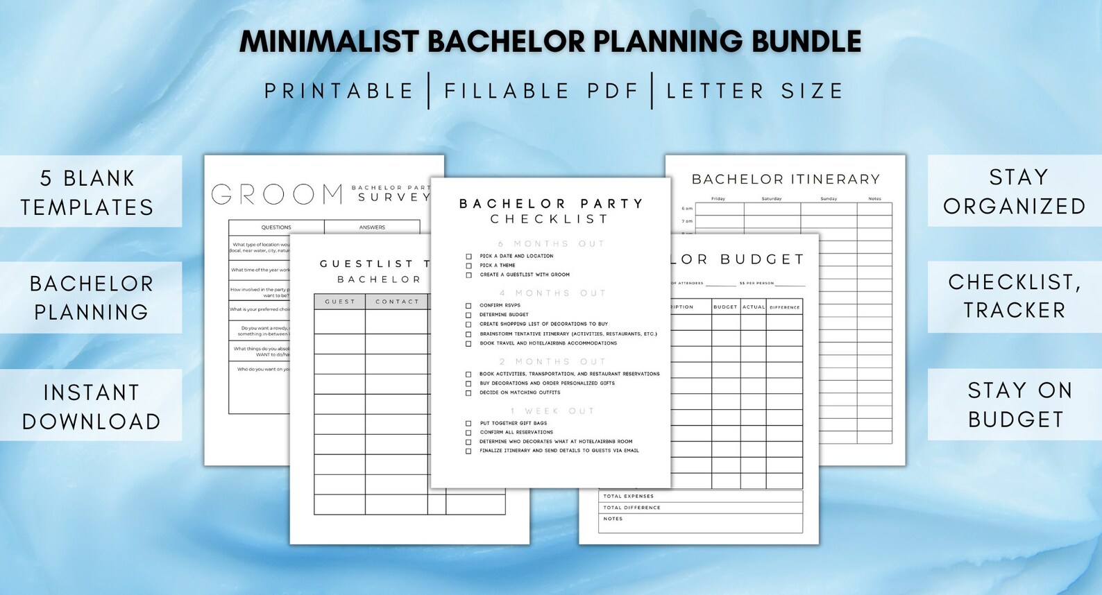 Bachelor Party Planner, Minimalist Bundle, Printable Instant Download ...