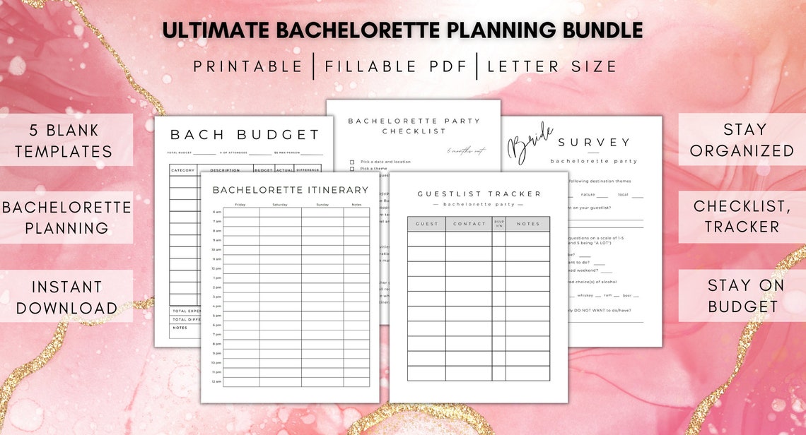 Bachelorette Party Planner, Checklist, Budget, Bride Survey (printable ...