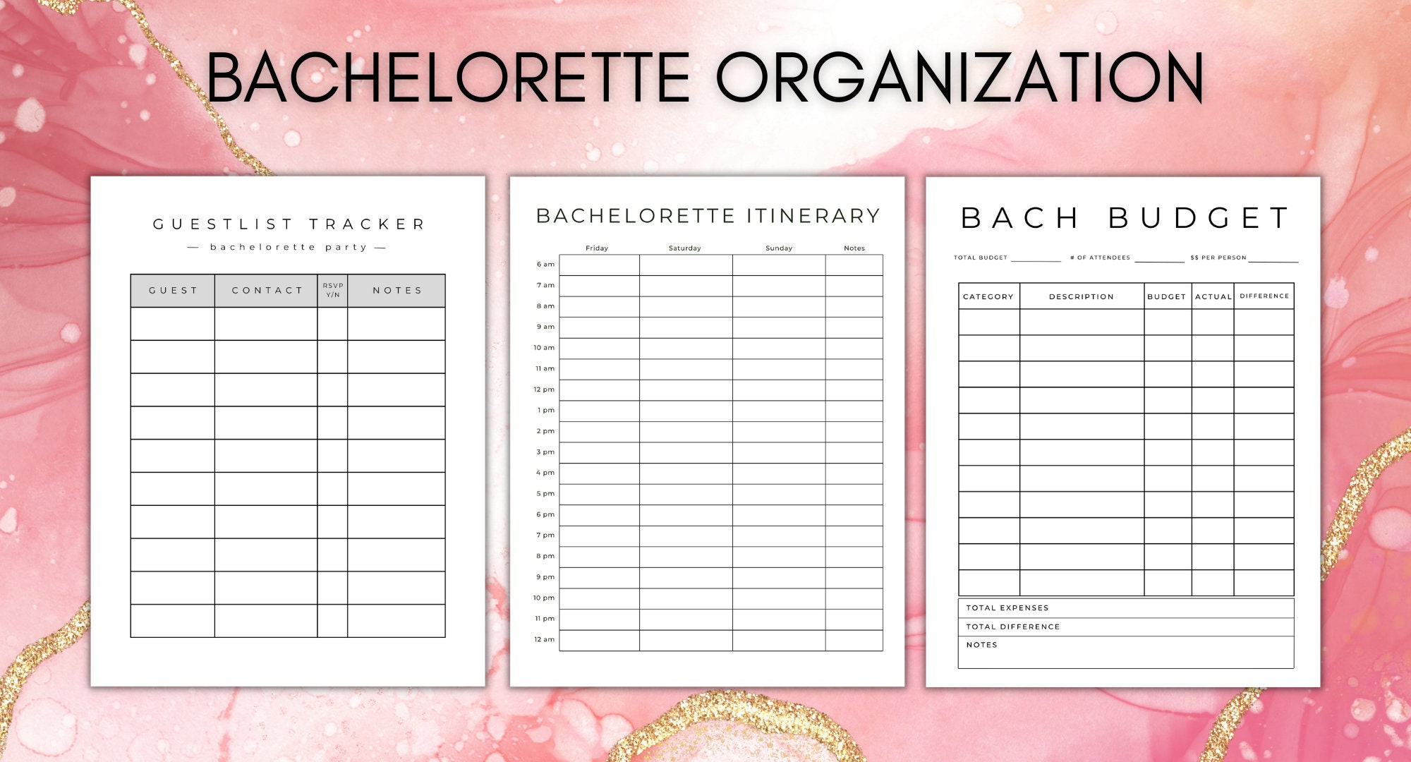 Bachelorette Party Planner, Checklist, Budget, Bride Survey (printable ...