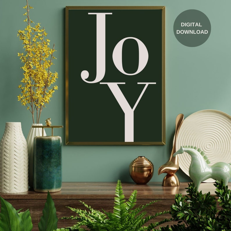 JOY Christmas Printable Art, Christmas Wall Decor, Green Christmas Decor, Home Decor, Holiday ...