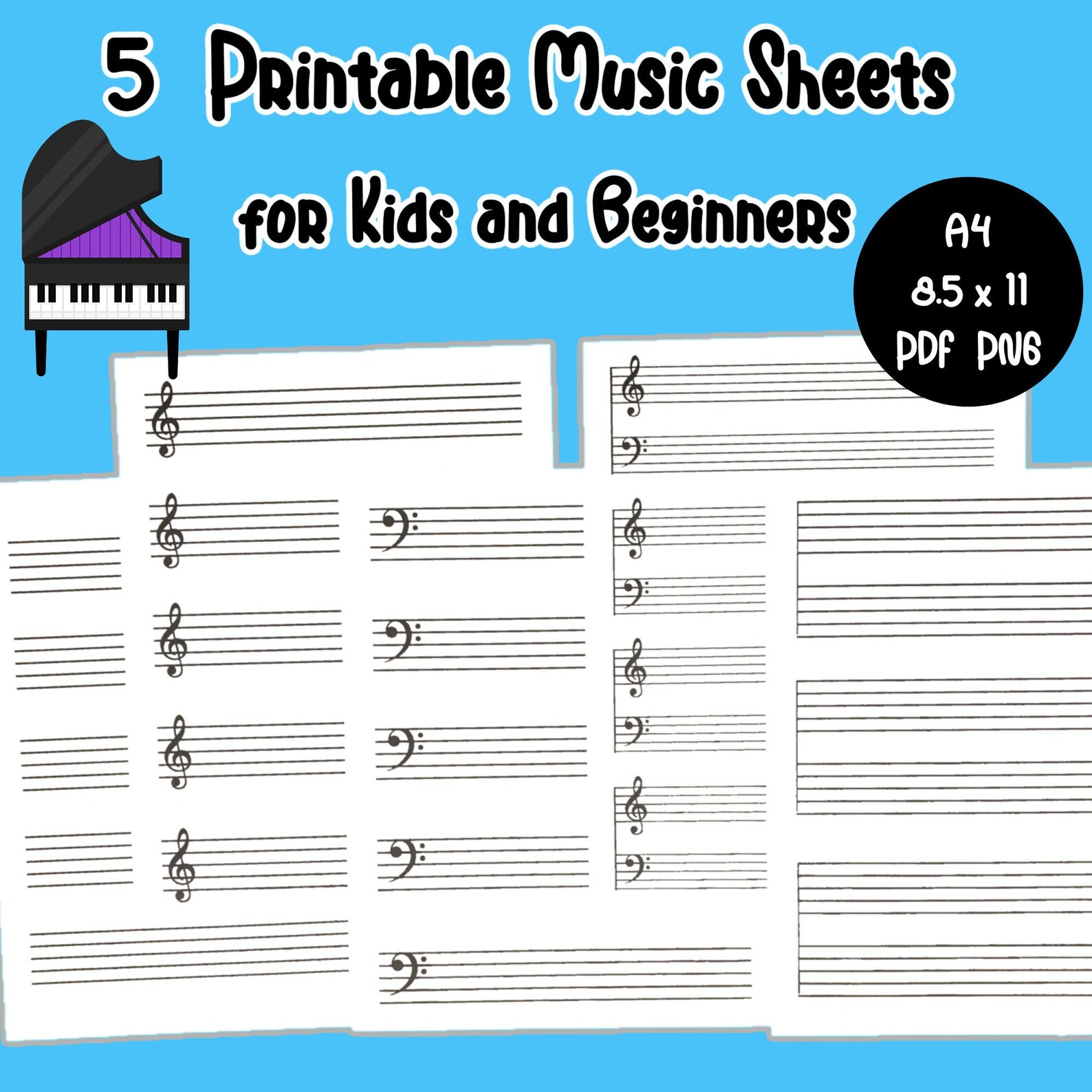 Printable Music Sheets for Kids, Blank Staff, Blank Grand Staff, Grand ...