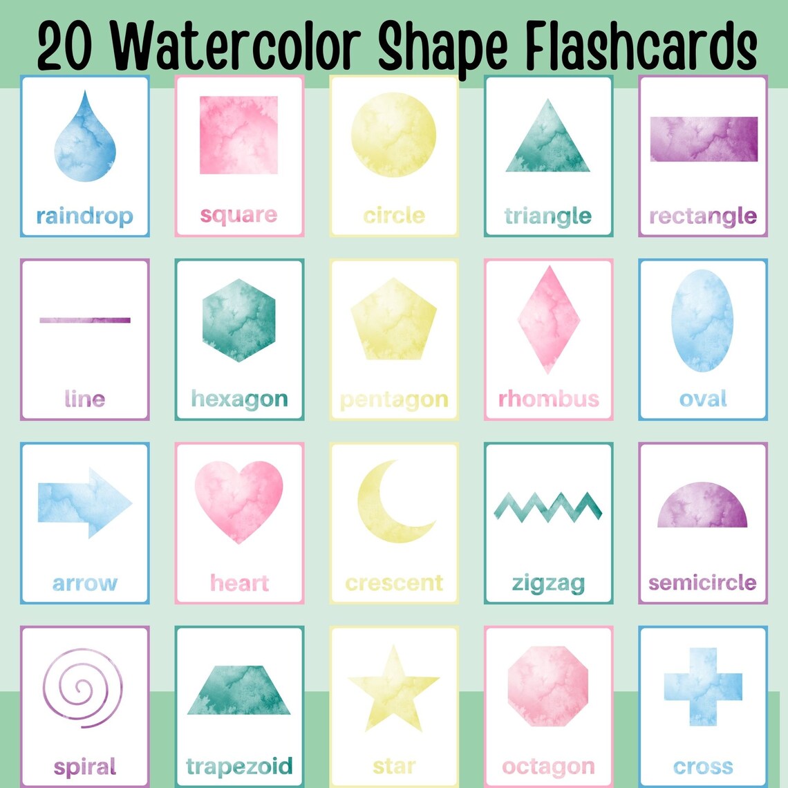 Watercolor Shape Flashcards, Preschool Digital Flashcards, Printable ...