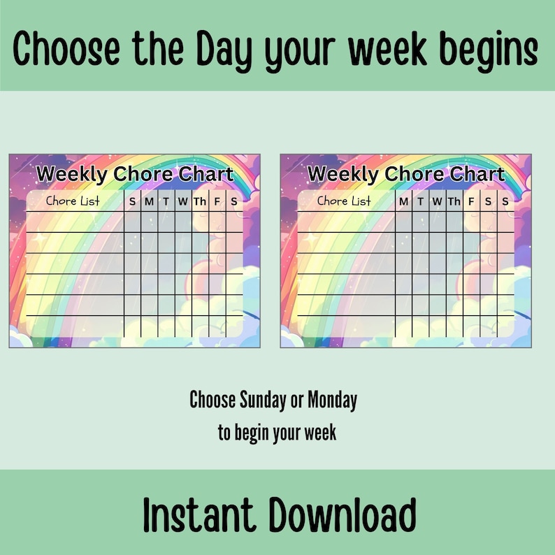 Rainbow Chore Chart for Kids: Weekly Fillable Chart (digital Download ...