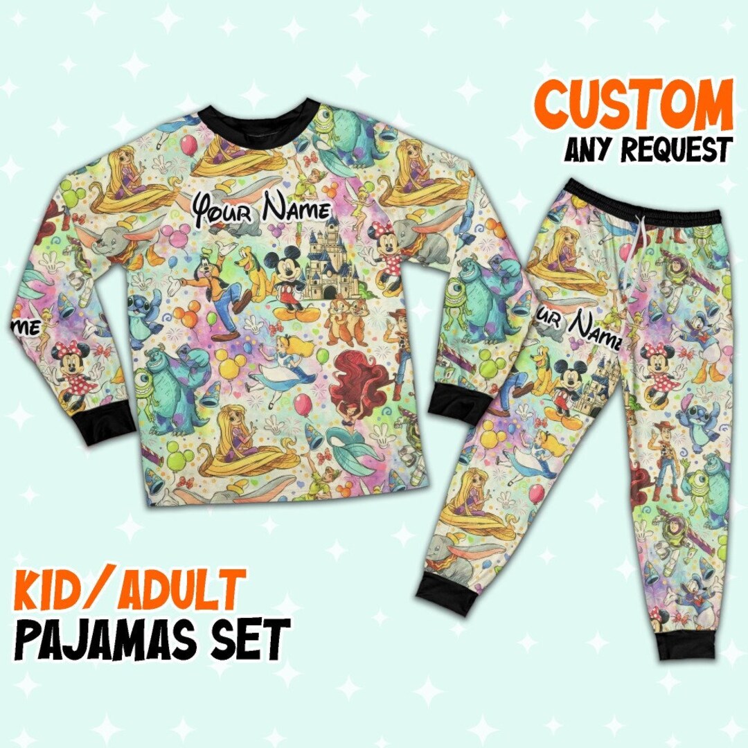 Custom Disney Famous Characters Colorful Team Pajamas Set, Mickey and ...