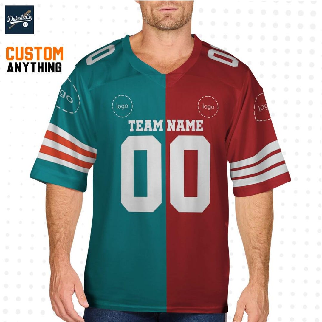 Custom Jersey Split Half Two Team Red and Teal, Personalized Football ...