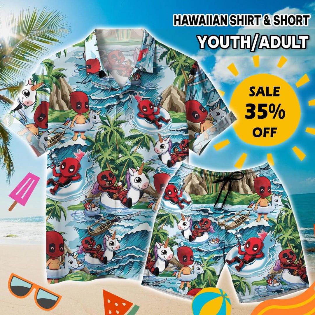 Deadpool in Summer Vacation Floral, Men's Short Sleeve Shirt, Movie ...