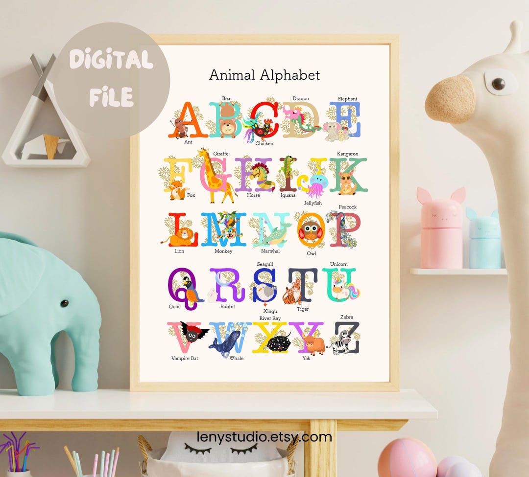Educational Illustrated Alphabet Poster, Wall Art for Nursery, Animal ...
