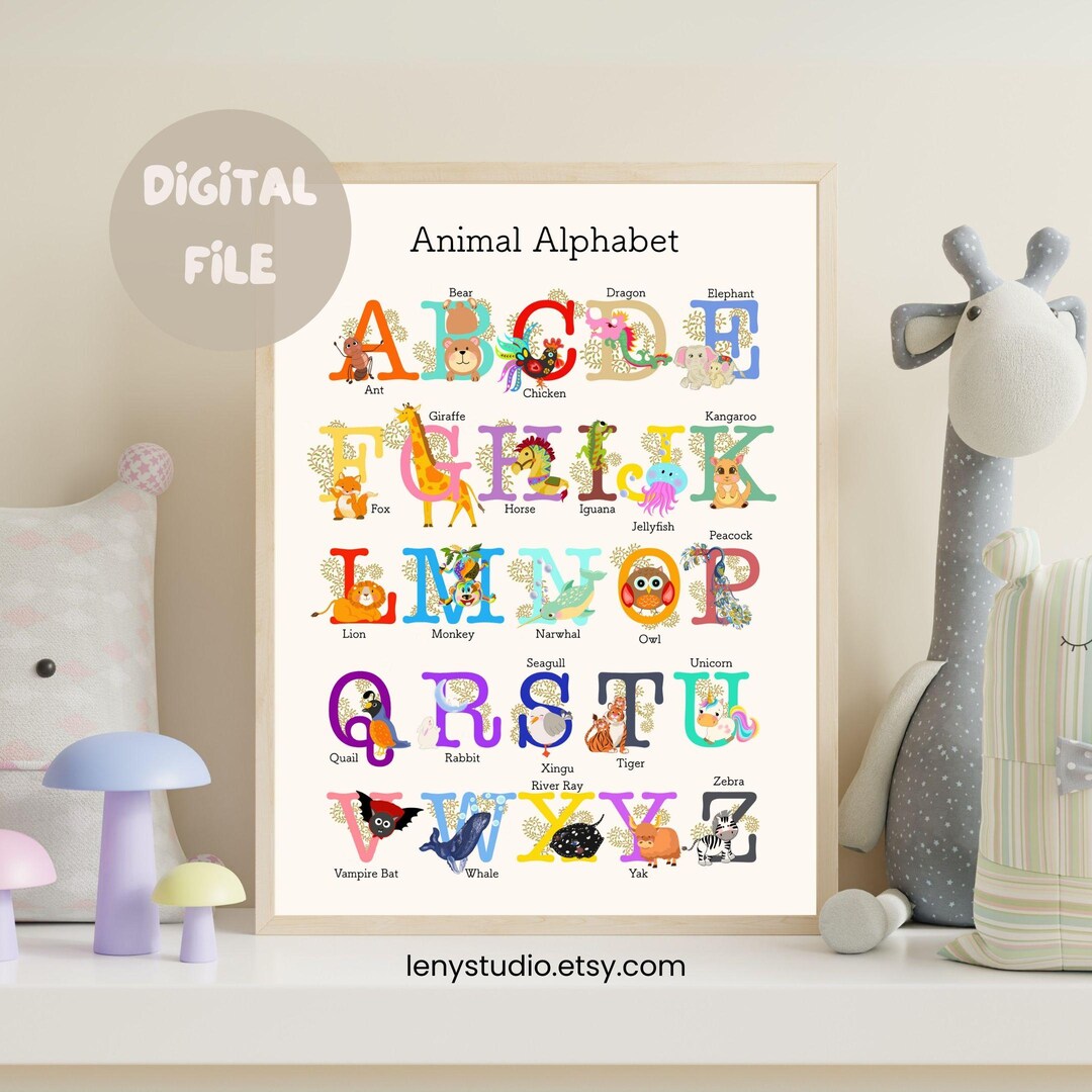 Educational Illustrated Alphabet Poster, Wall Art for Nursery, Animal ...