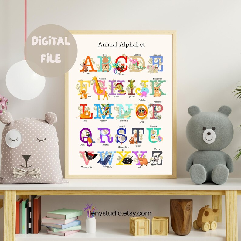 Educational Illustrated Alphabet Poster, Wall Art for Nursery, Animal ...