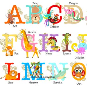 Educational Illustrated Alphabet Poster, Wall Art for Nursery, Animal ...