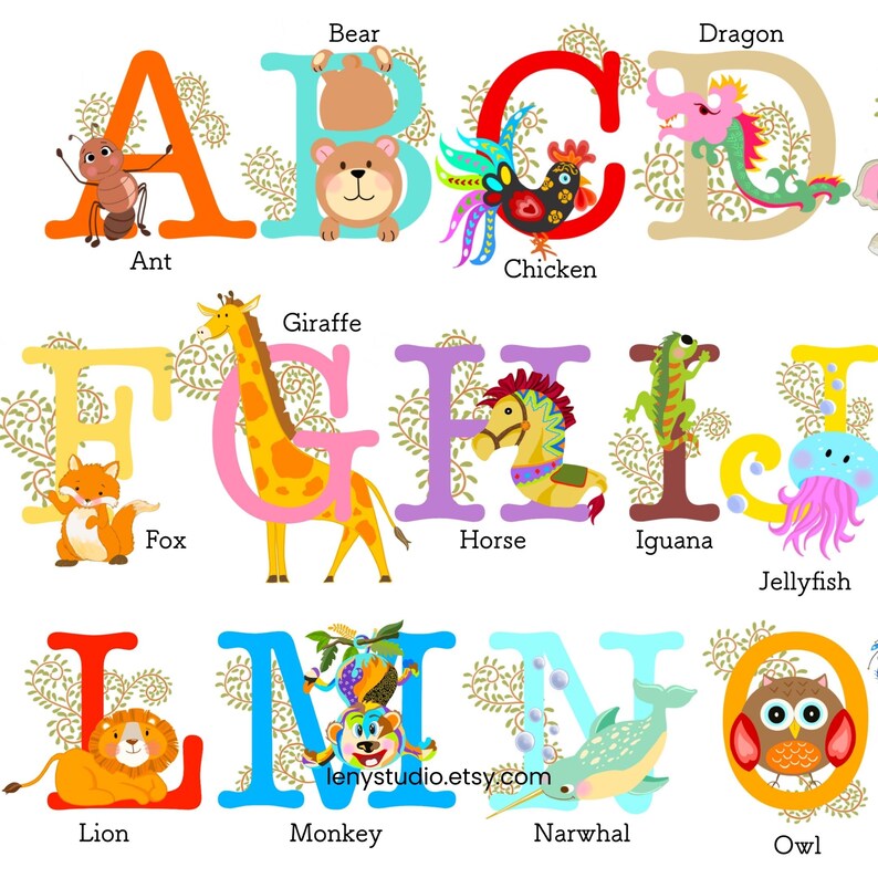 Educational Illustrated Alphabet Poster, Wall Art for Nursery, Animal ...