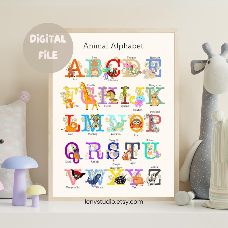 Educational Illustrated Alphabet Poster, Wall Art for Nursery, Animal ...