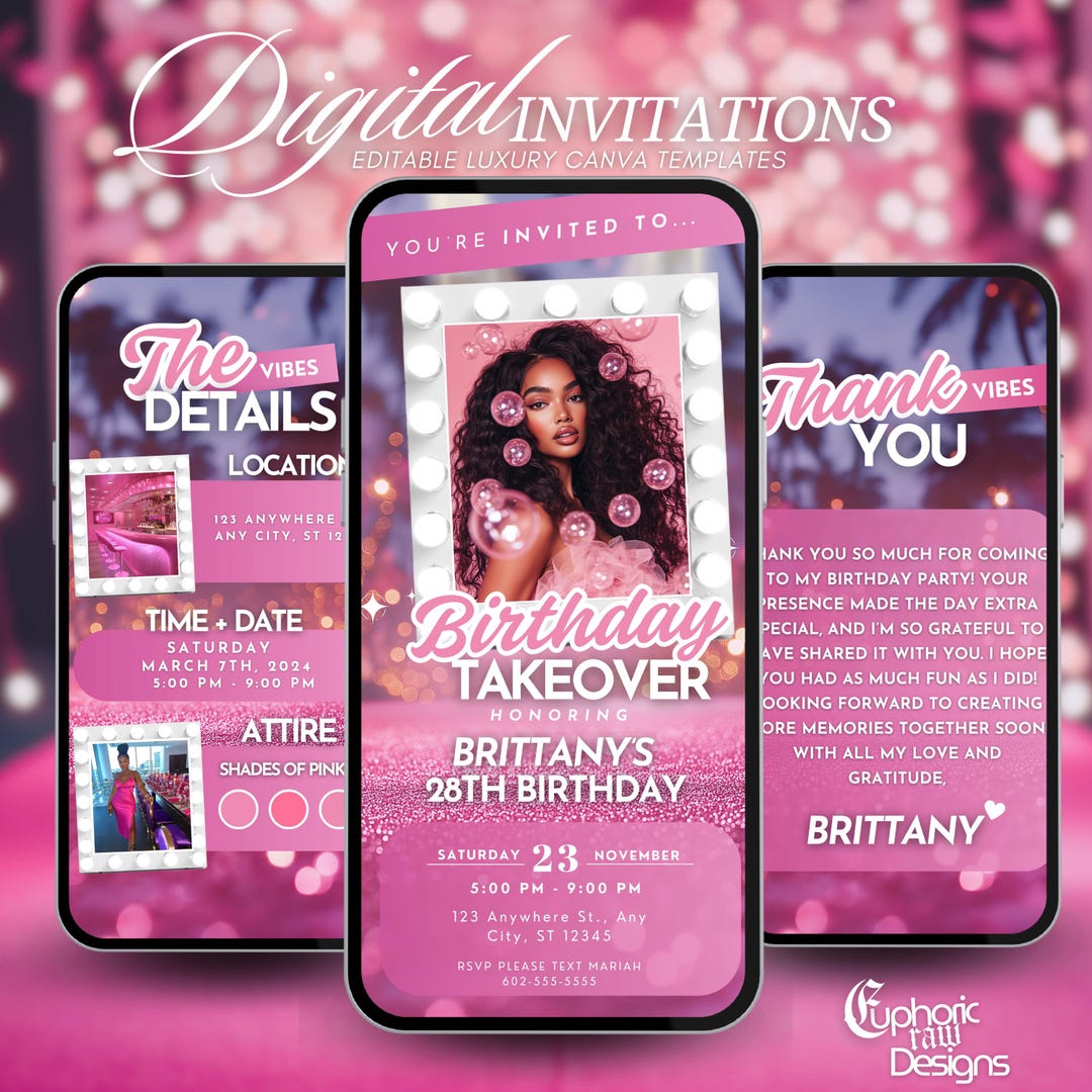 Pink Birthday Party Takeover Invitation, Digital Editable Invite ...