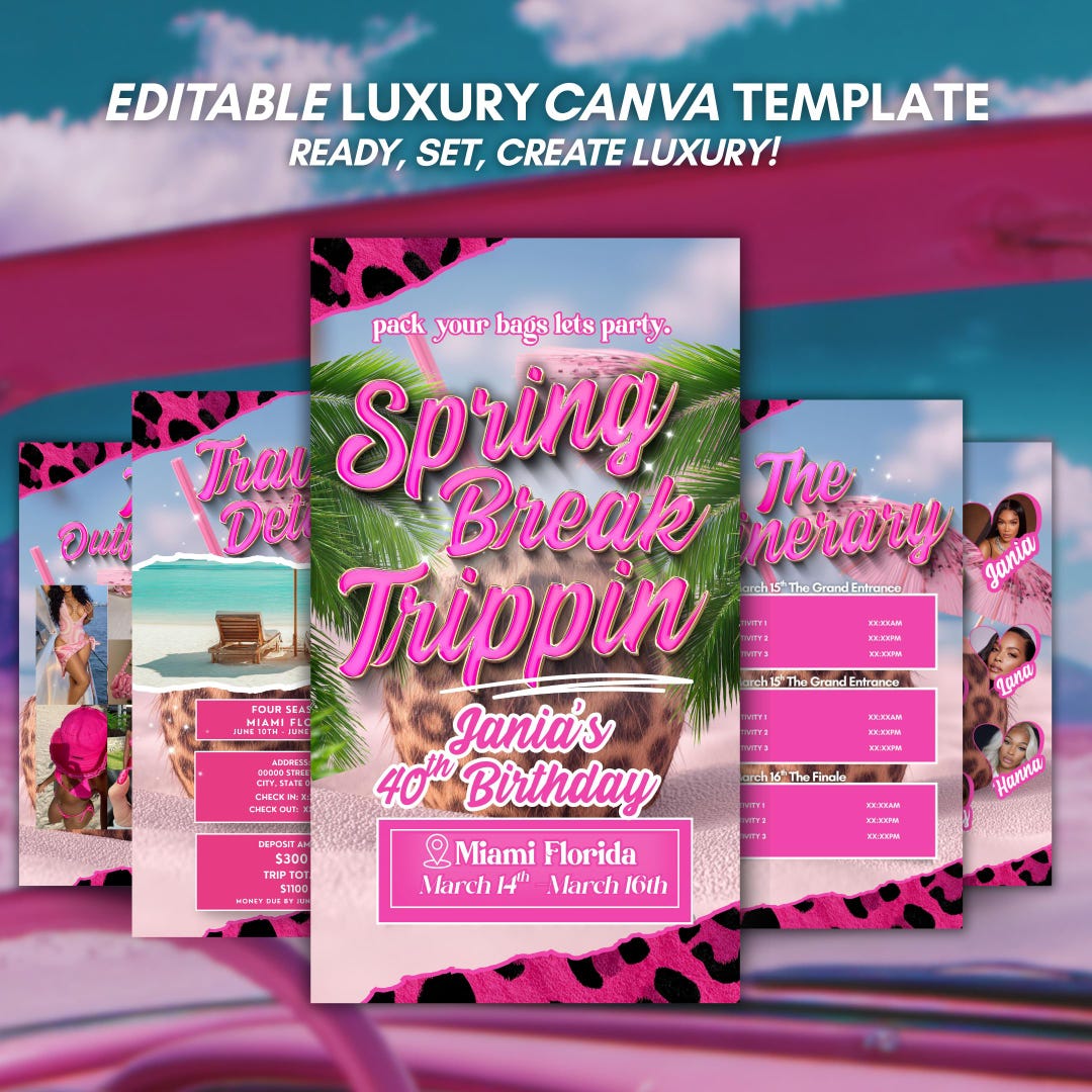 Spring Break Trippin Girls Getaway Itinerary Pink, Editable Travel ...