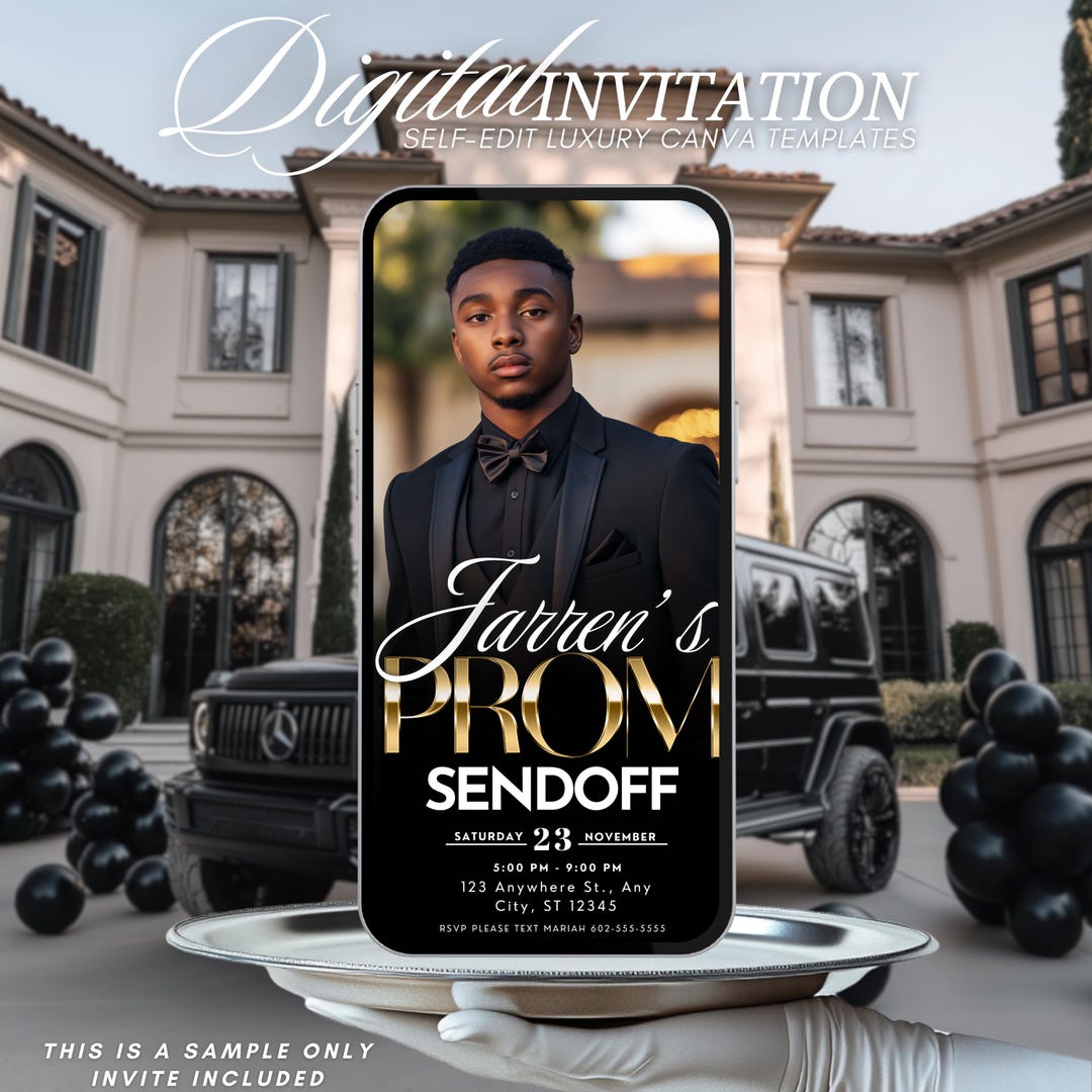 Black Gold Prom Send off Digital Invitation, Boys Editable Flyer ...