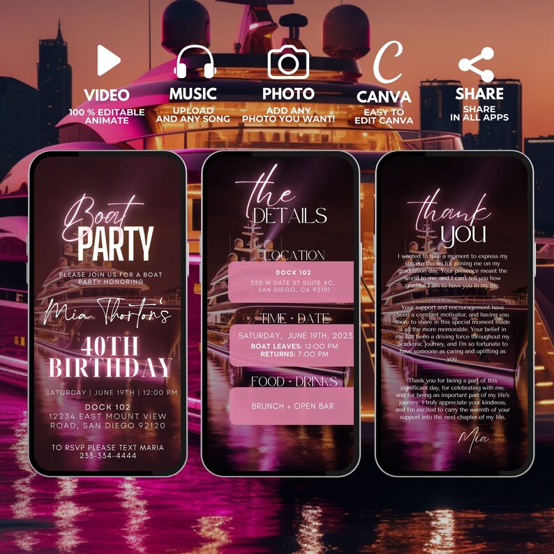 Yacht Party Invitation, Boat Party Invitation, Cruise Itinerary, Yacht ...