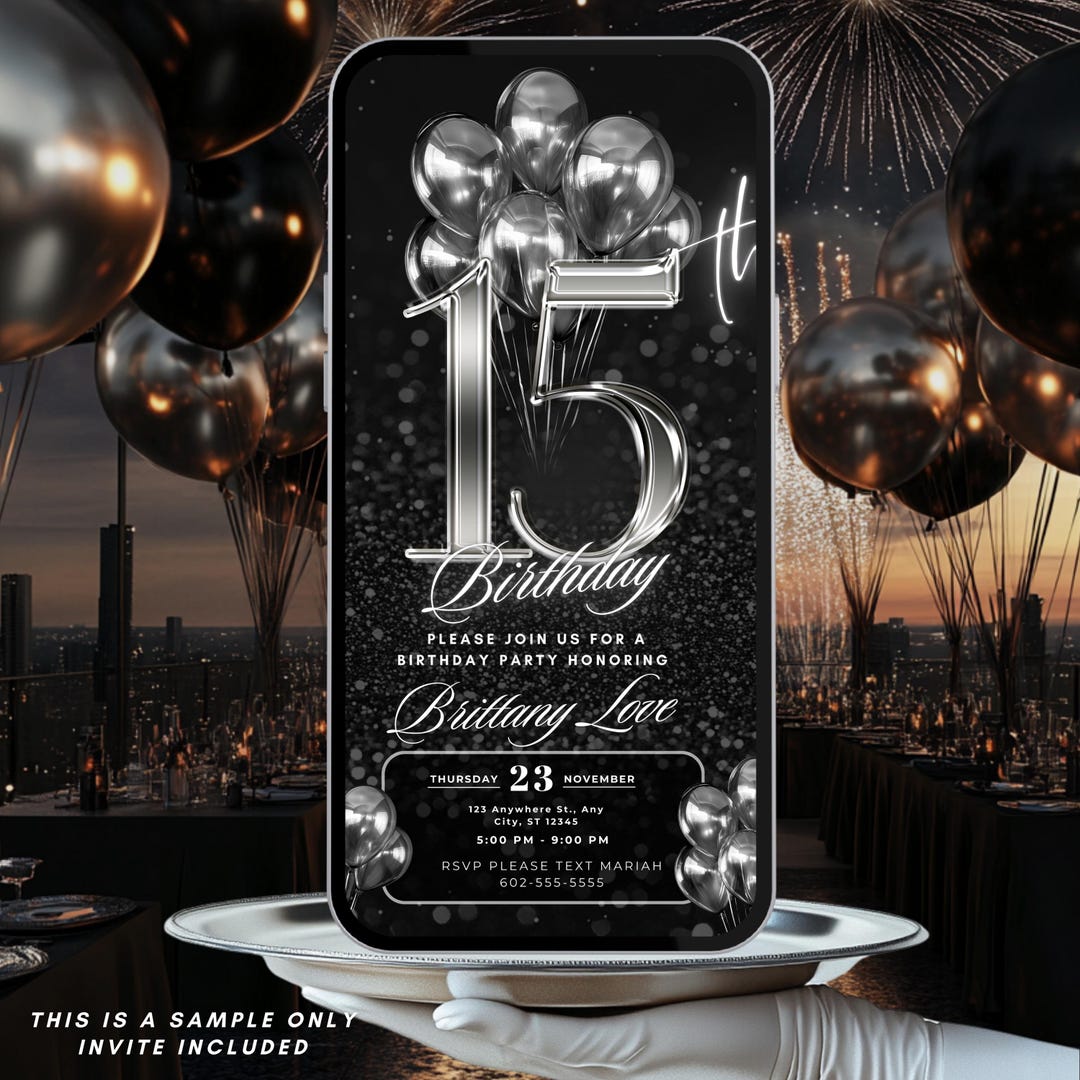 Digital 15th Birthday Party Invitation, Glam Black Silver 15th Dinner ...