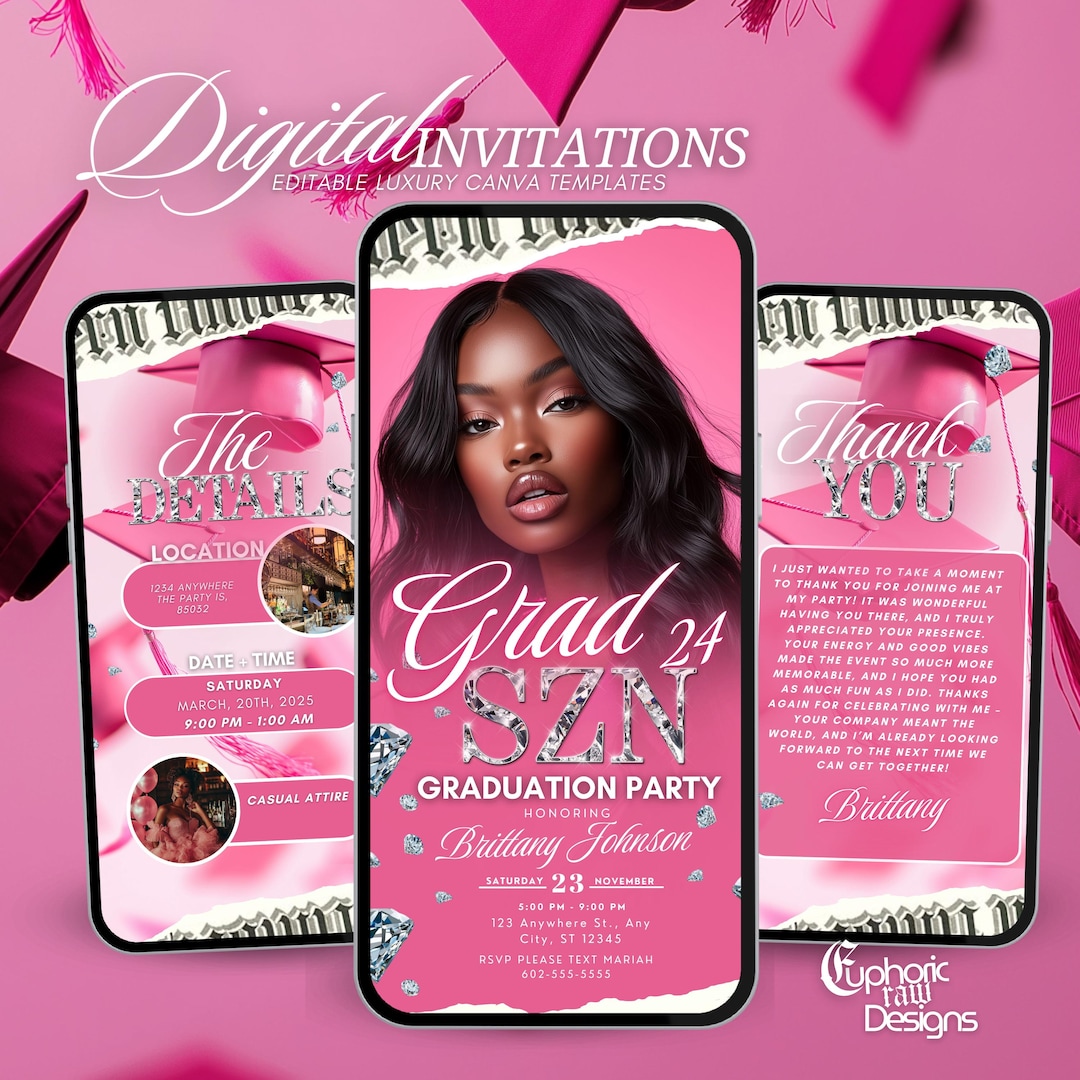 Pink Digital Graduation Party Invitation, Elegant Animated Grad Season ...