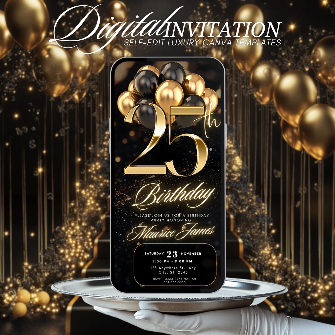 25th Birthday Black Gold Invitation, 25th Invite Party Animated Elegant ...