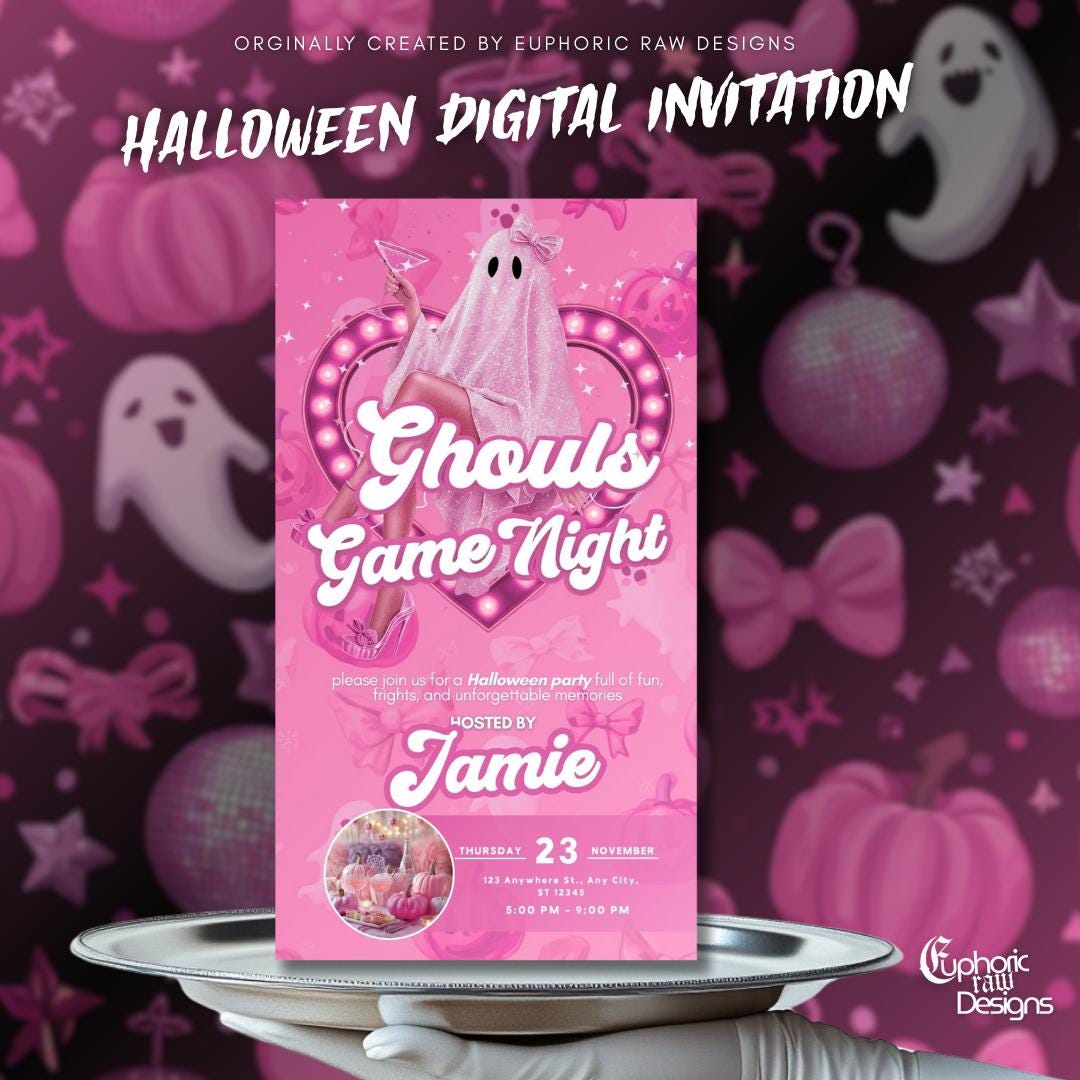 Digital Halloween Game Night, Ghouls Girls Night Pink Ghost Party ...